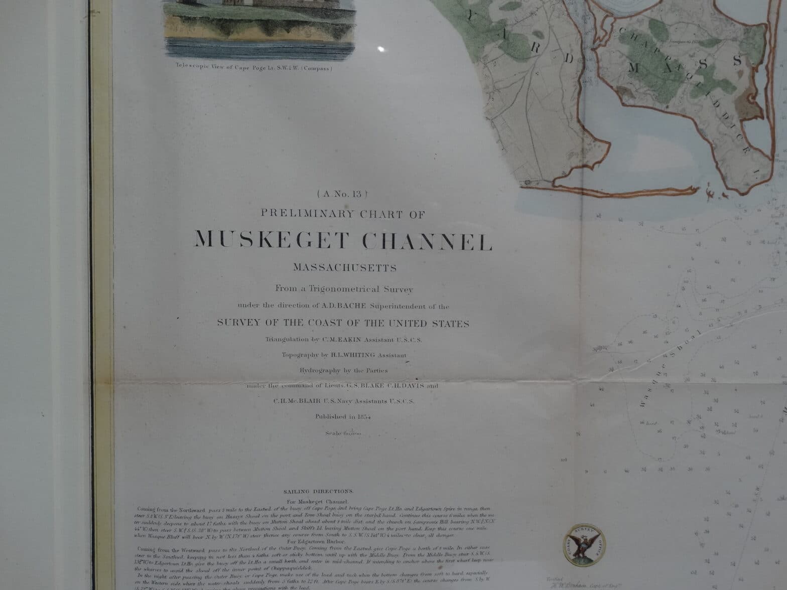 1854 Marthas Vineyard Coastal Chart | Framed Chappaquiddick Map